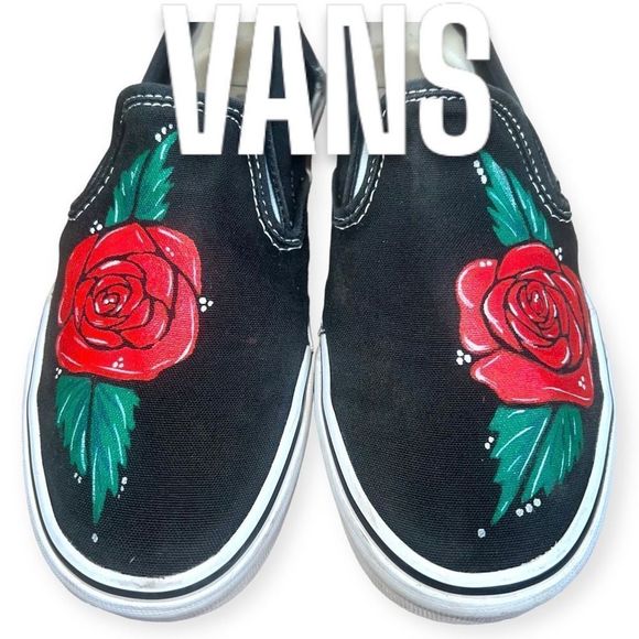Vans | Shoes | Vans Unisex Custompainted Red Roses Black Slipon Sneaker ...